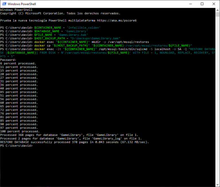 Resturar backup de base de datos SQL Server 2019 en contenedor de ...